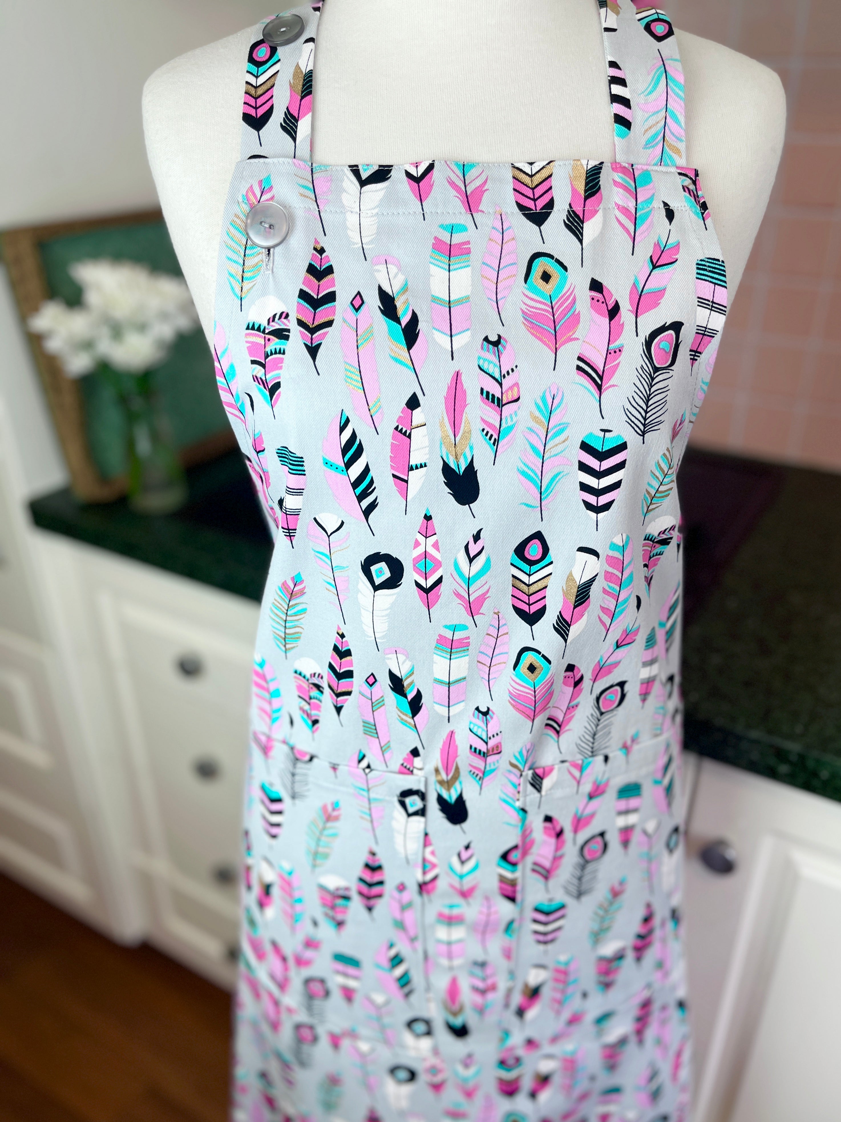 Hints of Gold Pop on This Fabulous Feather Apron – My Favourite Apron Co.