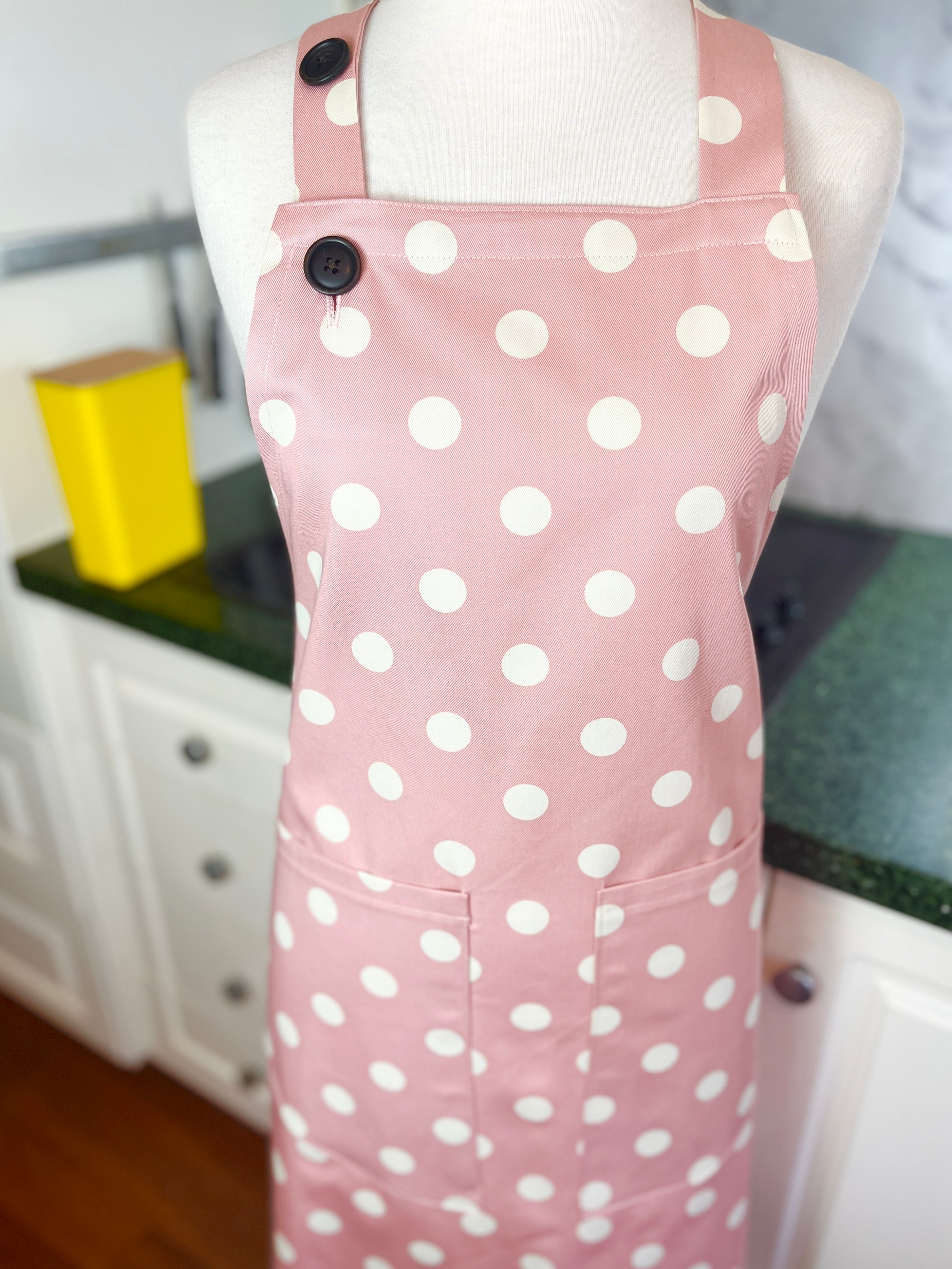 This Dusky Pink Apron is Adorned with Bold Beige Polka Dots – My ...